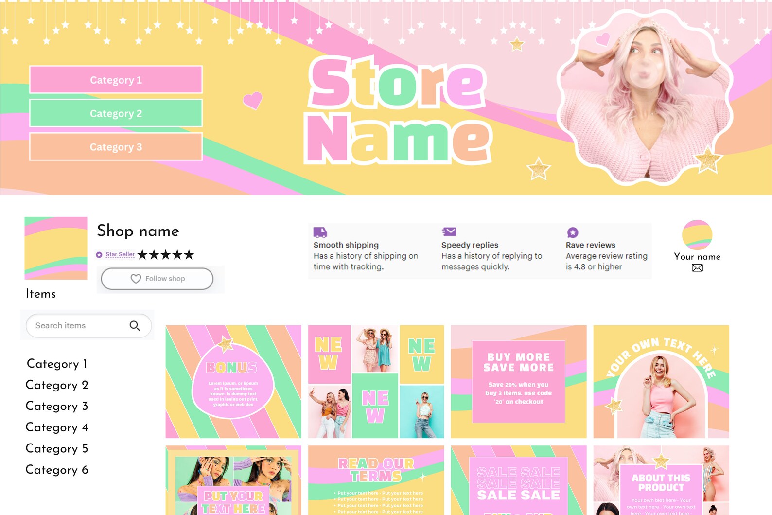 Rainbow Pastel Branding Kit for Your Etsy Shop: Happy Colors Banners ...
