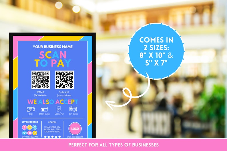 Scan to Pay Template QR Code Sign - Easy Payment & Follow Us on Social ...
