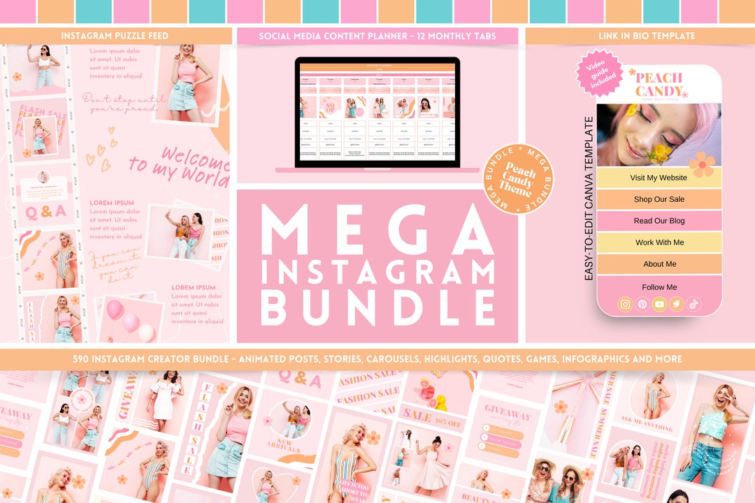 Mega Instagram Template Bundle: Peach Candy Canva Stories, Posts ...