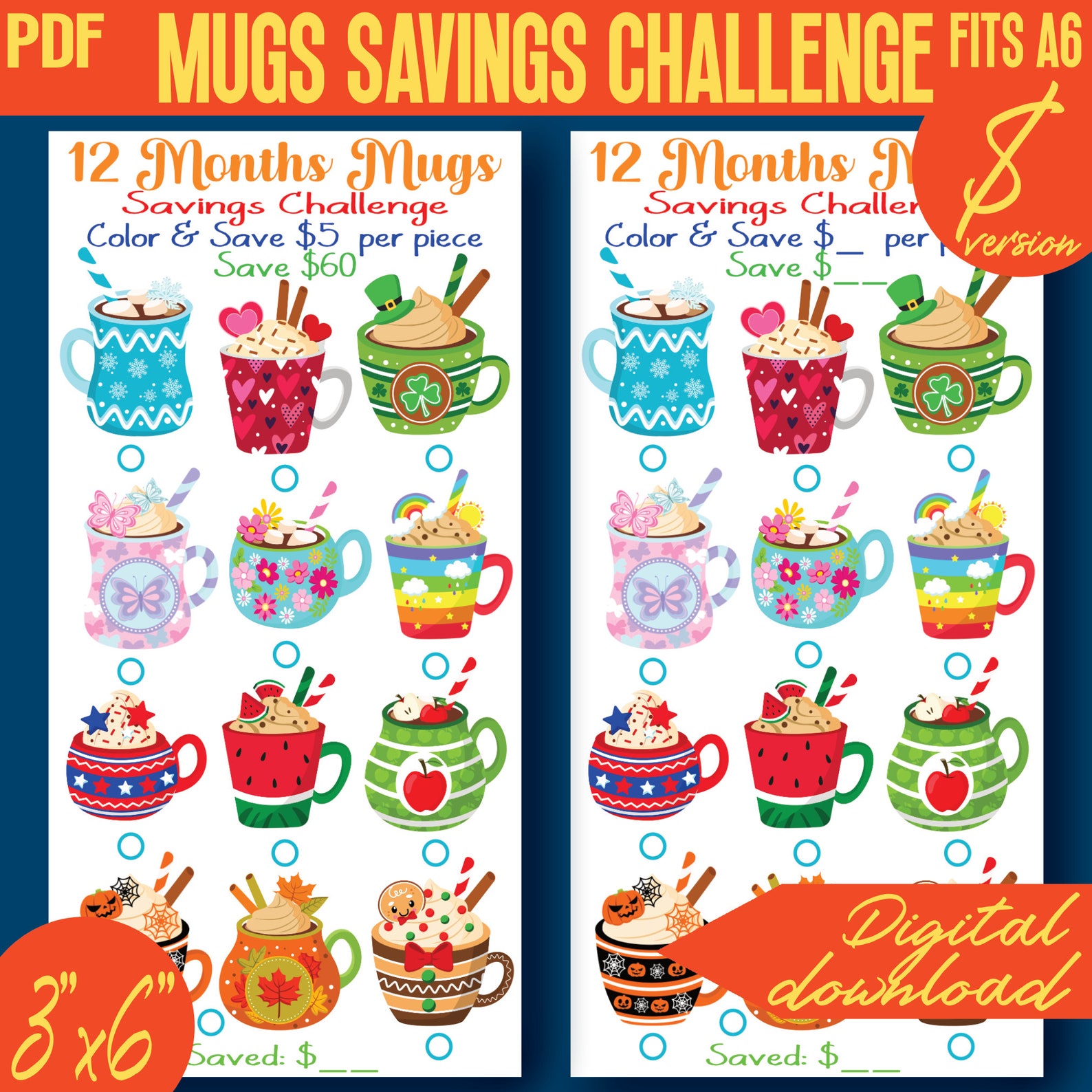 12 Months Mugs Savings Challenge Mini Color and Save Printable 100D IV ...