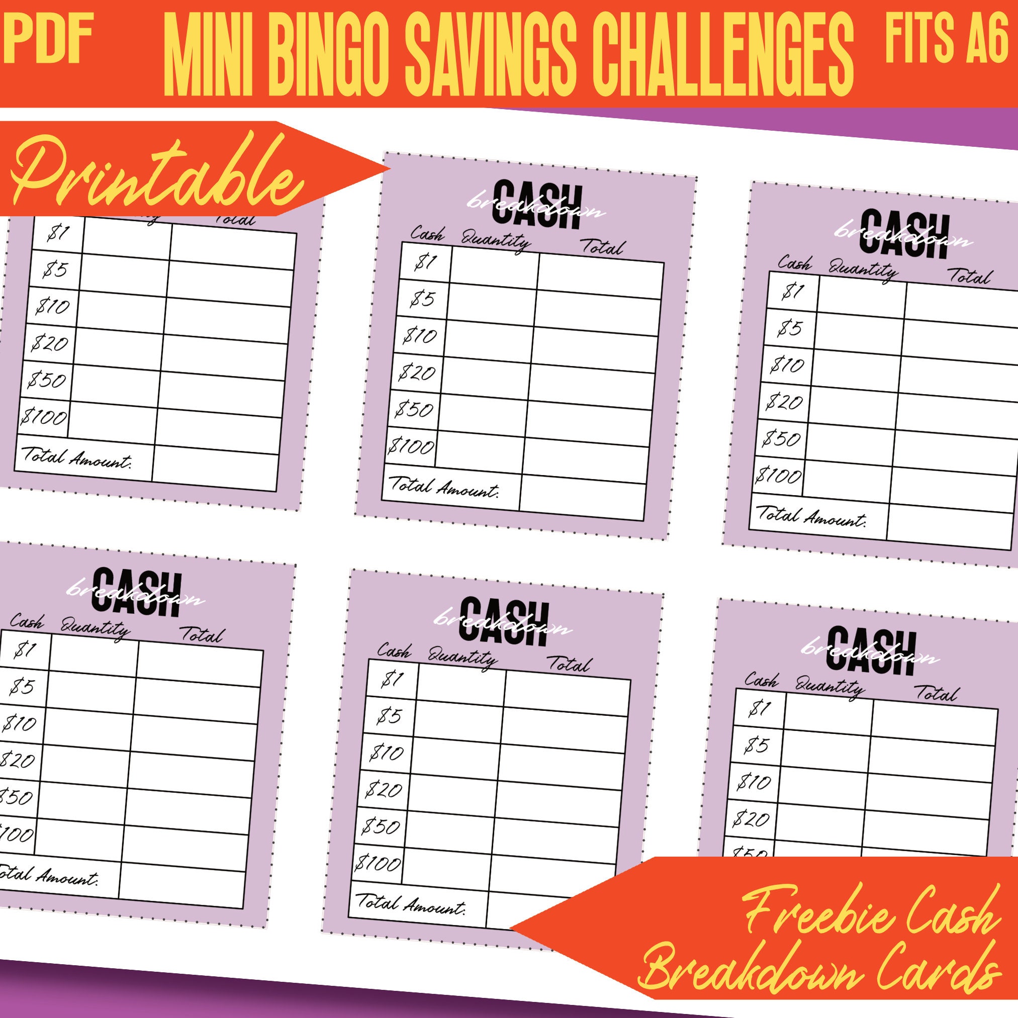 Unicorn Mini Savings Challenge Bingo Game Printable 100D Fits A6 Binder ...