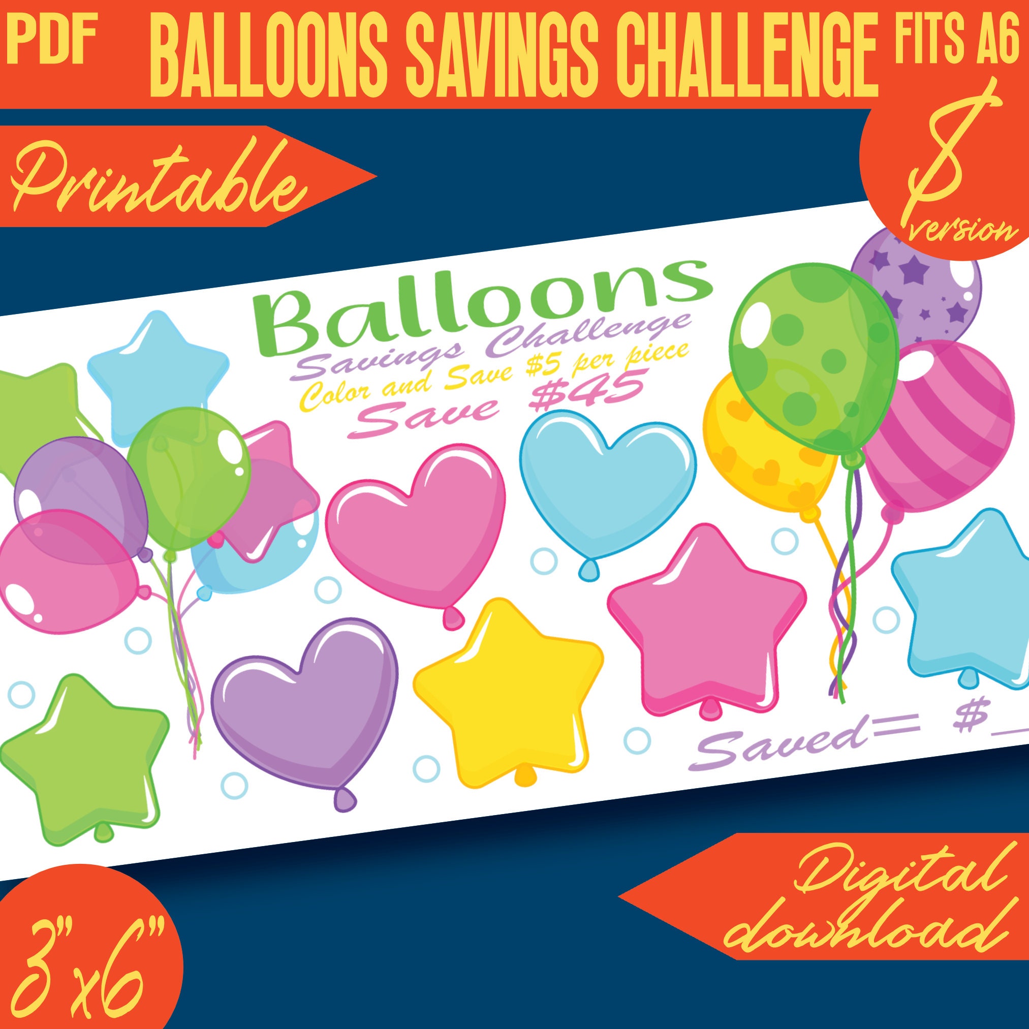 Balloons Savings Challenge Mini Color and Save Printable 100D IV A6 ...