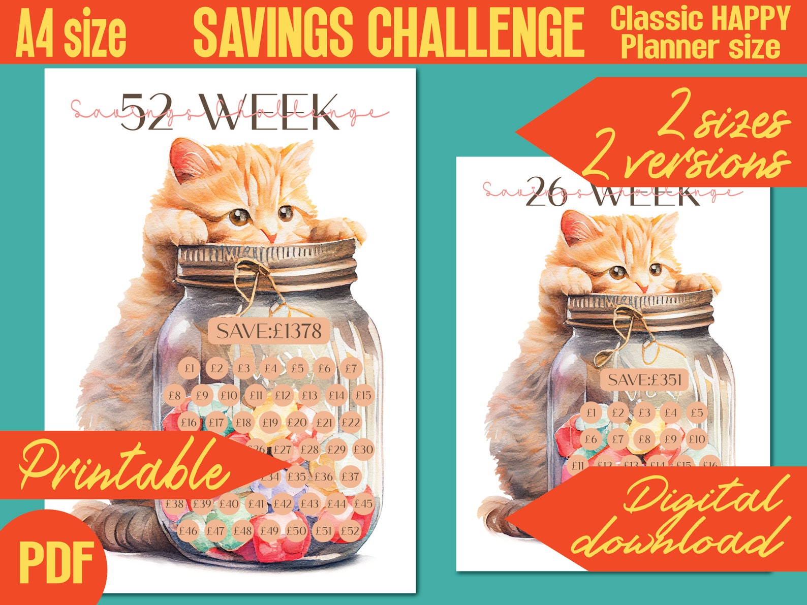 Savings Challenges Cute Kitty Printables 52 Week 100P | A4 Letter Size ...