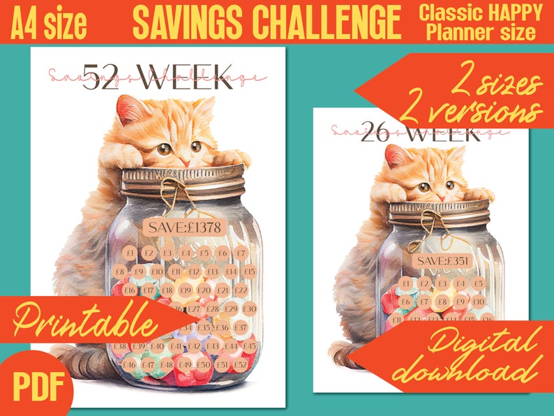 Savings Challenges Cute Kitty Printables 52 Week A4 Letter - Etsy