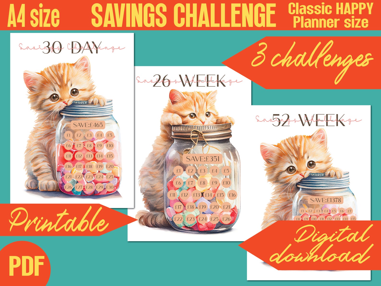 Savings Challenges Cute Kitty Printables 52 Week 100P | A4 Letter Size ...