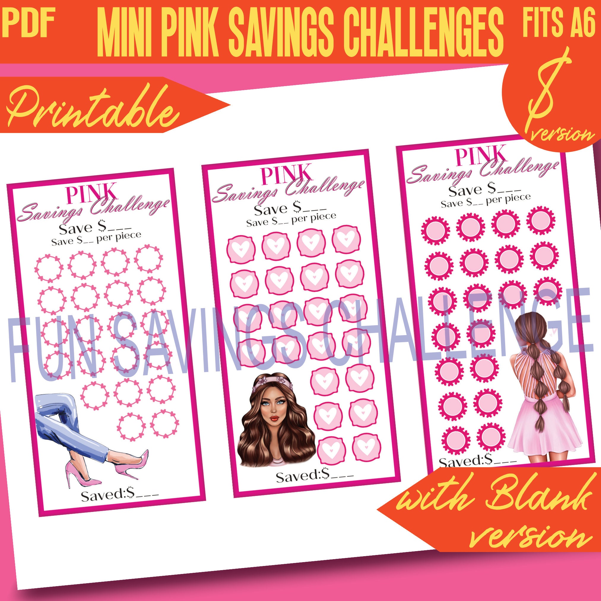 Pink Mini Girly Savings Challenge Color and Save Printables 100D | A6 ...