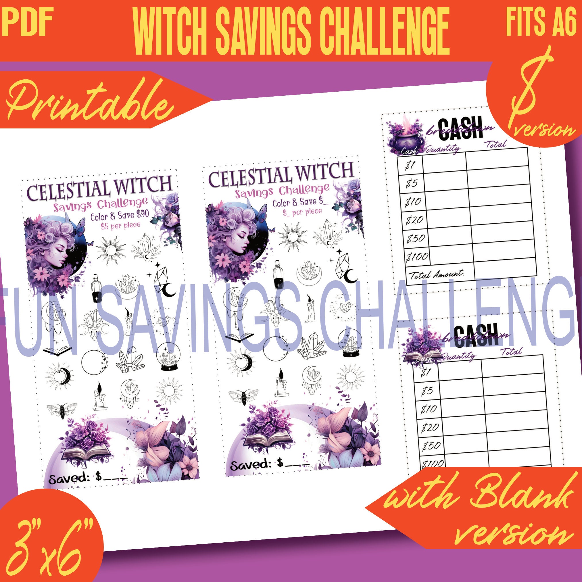 Celestial Witch Magical Savings Challenge Color and Save Printable 100D A6 Size Envelope Tracker ...