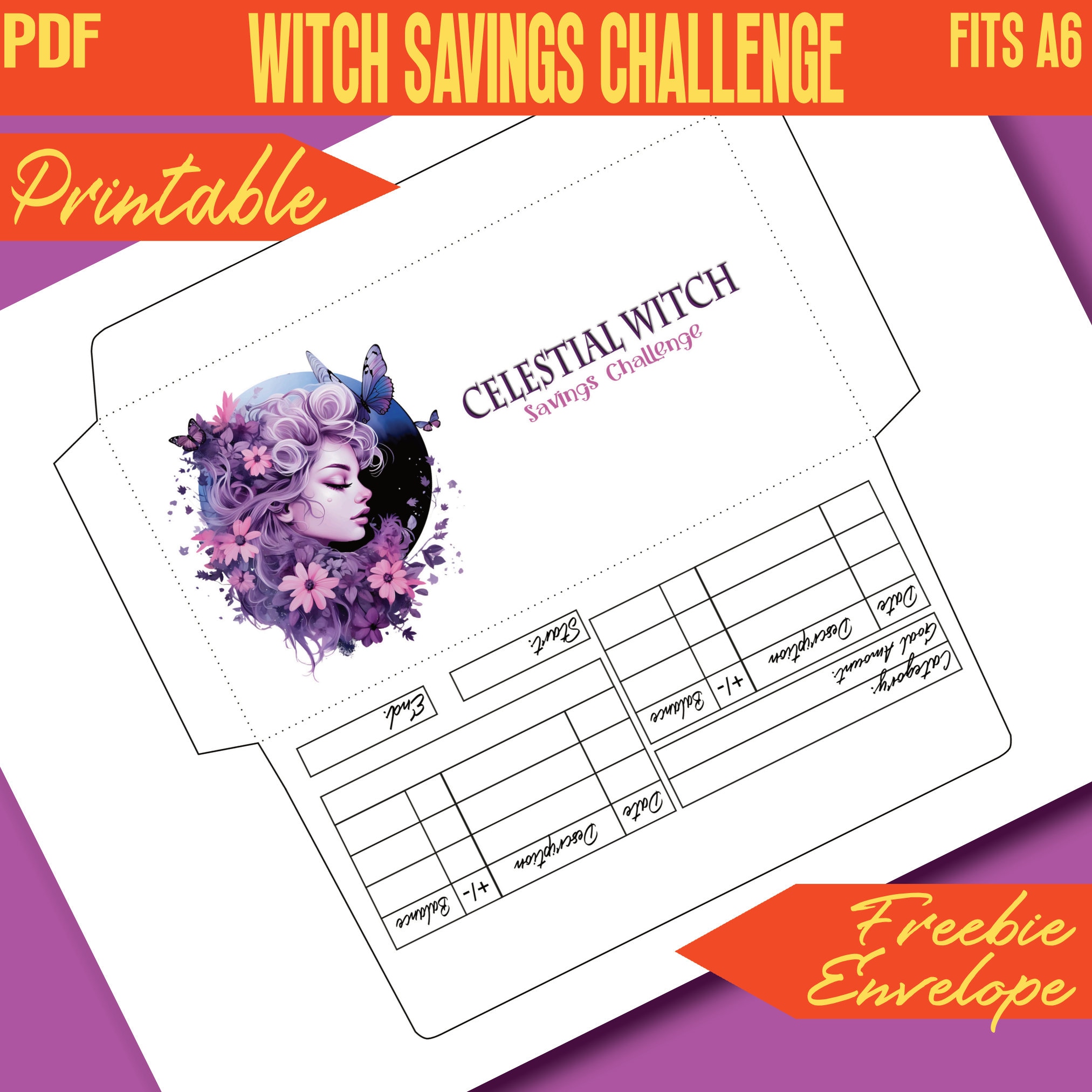 Celestial Witch Magical Savings Challenge Color and Save Printable 100D ...