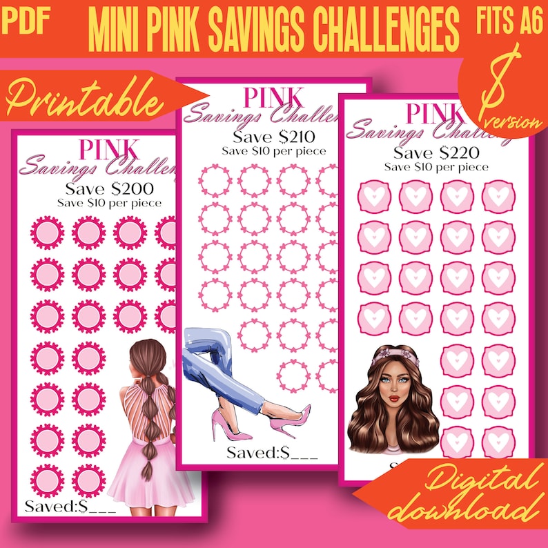 Pink Mini Girly Savings Challenge Color and Save Printables 100D | A6 ...