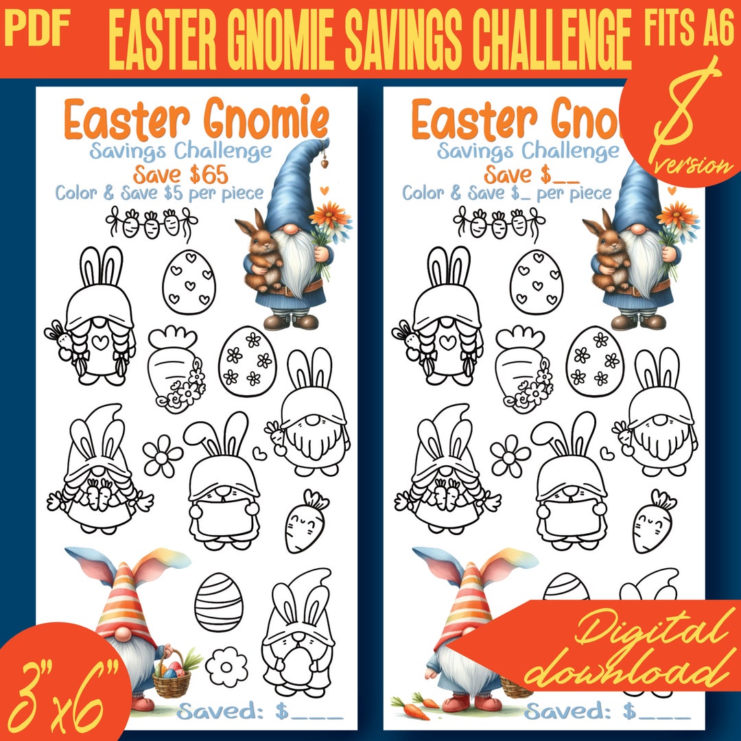 Easter Gnomie Savings Challenge Mini Color and Save Printable 100D II ...