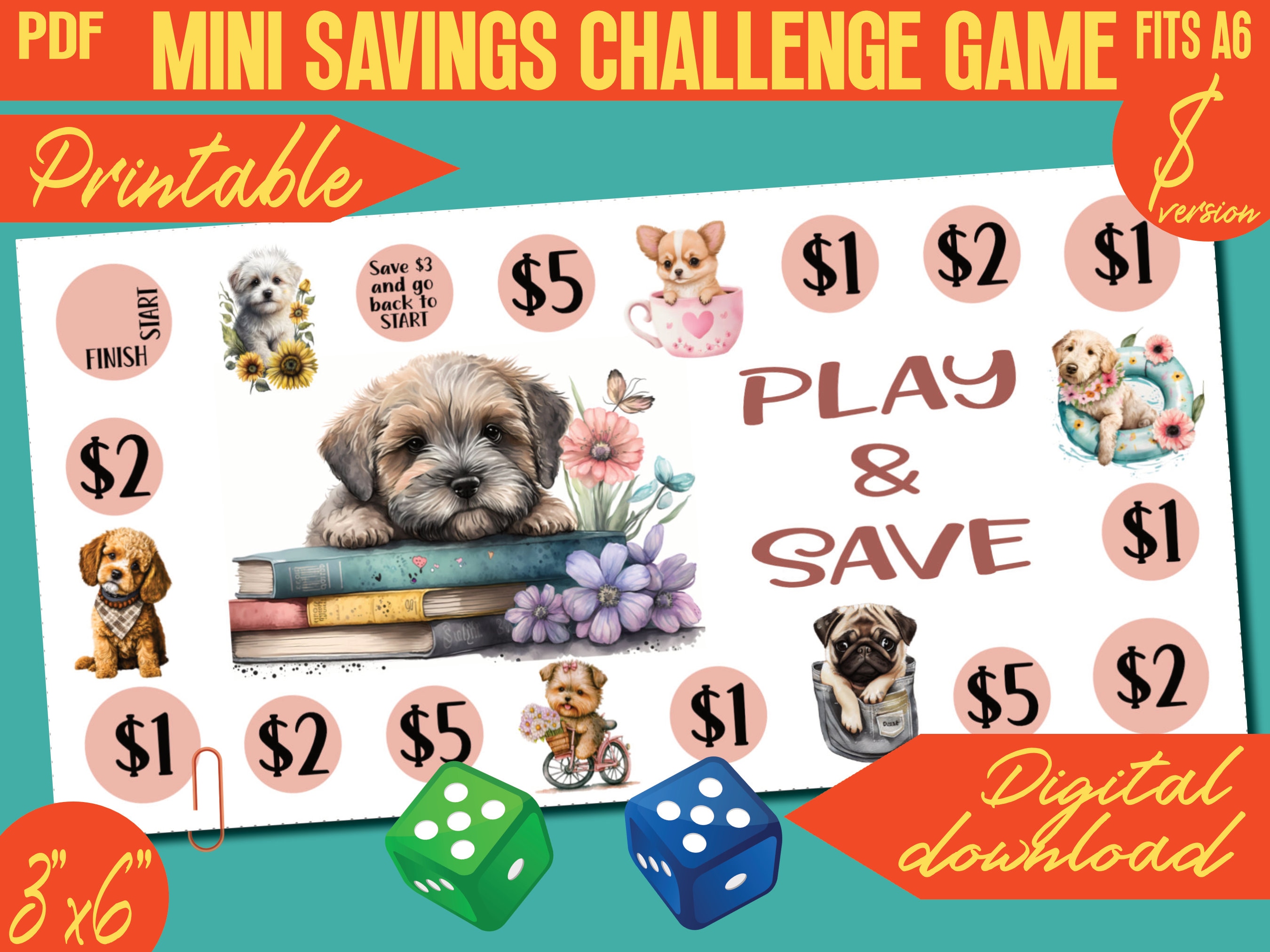 Savings Challenge Game Cute Puppy Dog Printable 100D Envelope, Tracker ...