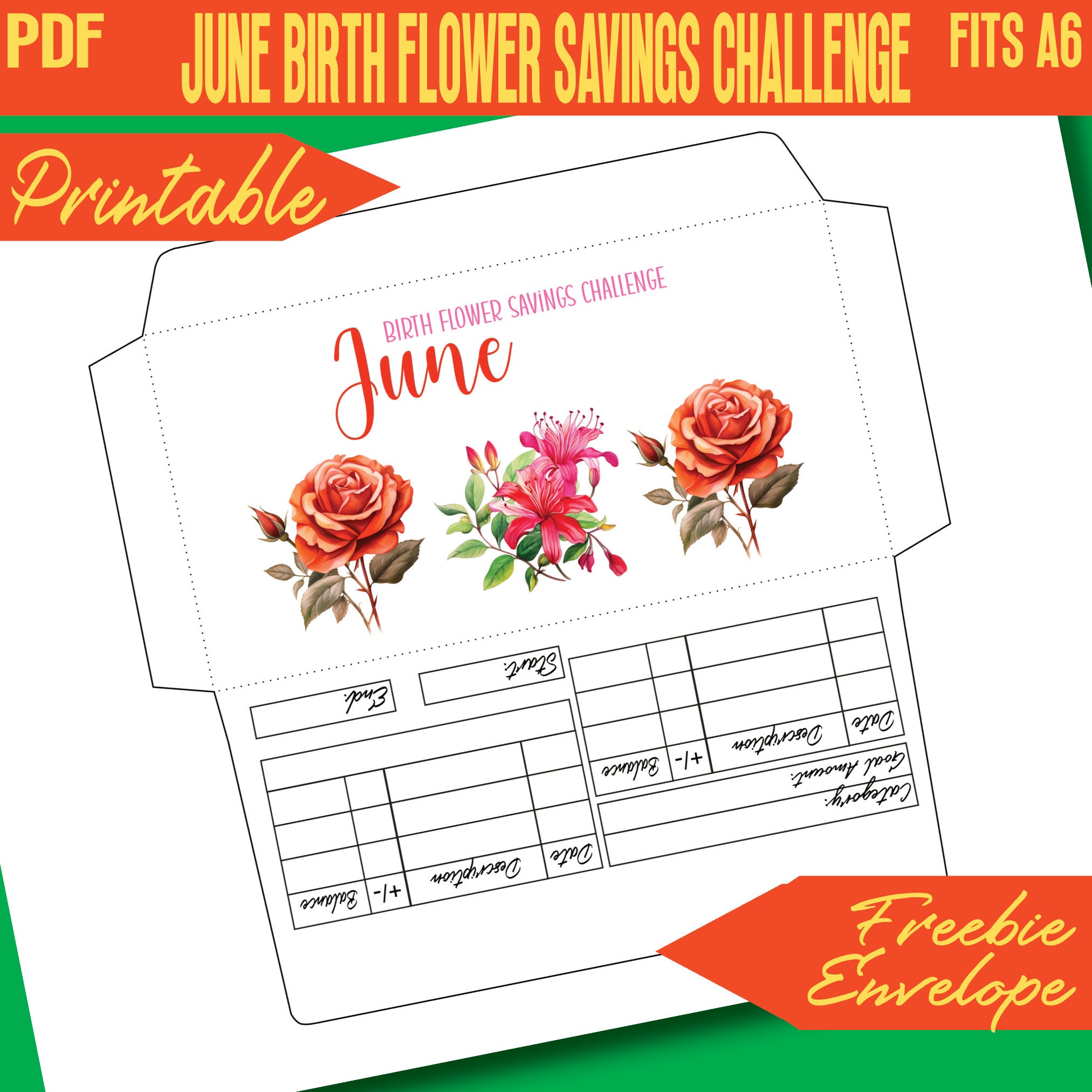 June Birth Flower Savings Challenge Mini Color and Save Printable 100D ...