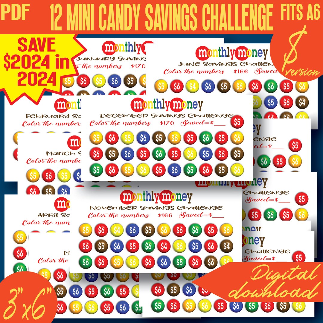 Save 2024 in 2024 Monthly 12 Candy Themed Savings Challenge Color and ...
