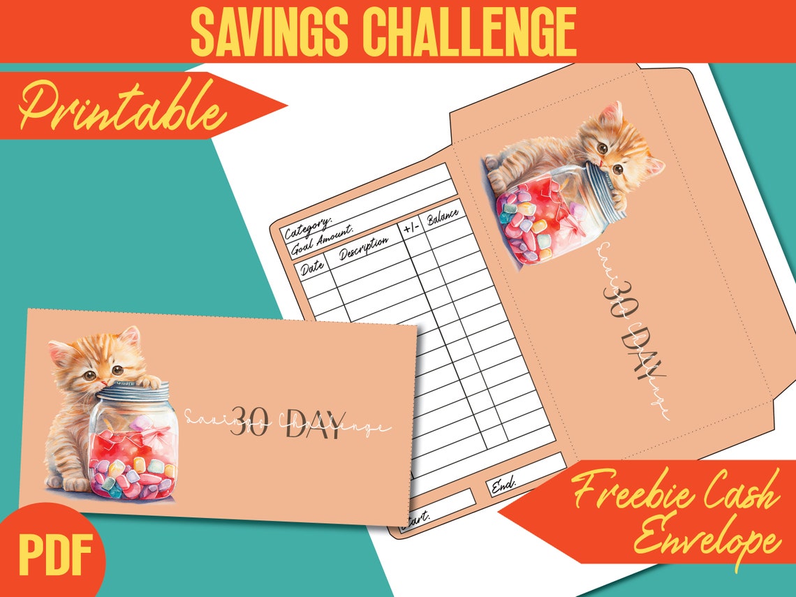 Savings Challenges Cute Kitty Printables 52 Week 100P | A4 Letter Size ...