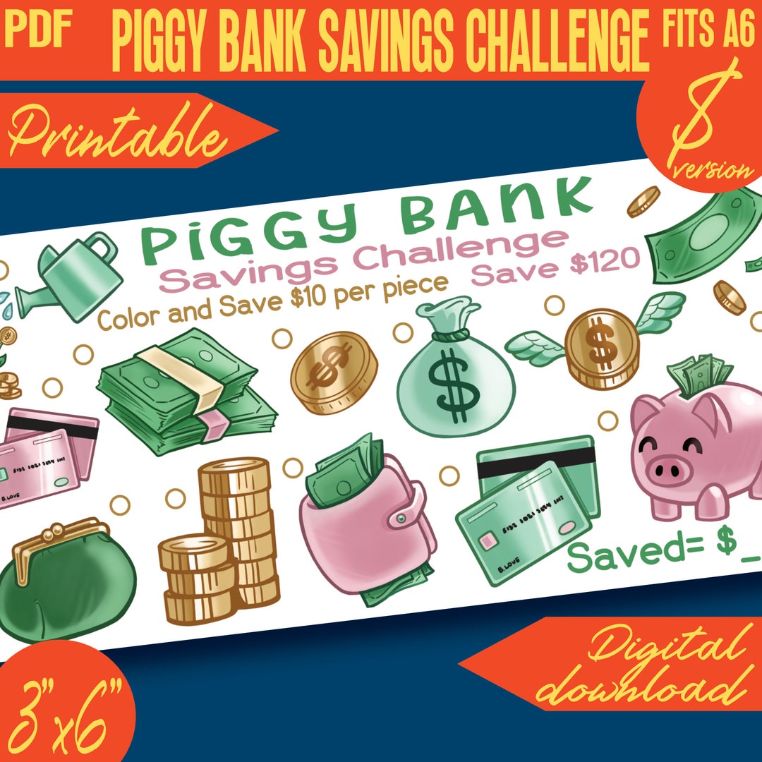 Piggy Bank Savings Challenge Mini Color and Save Printable 100D III ...