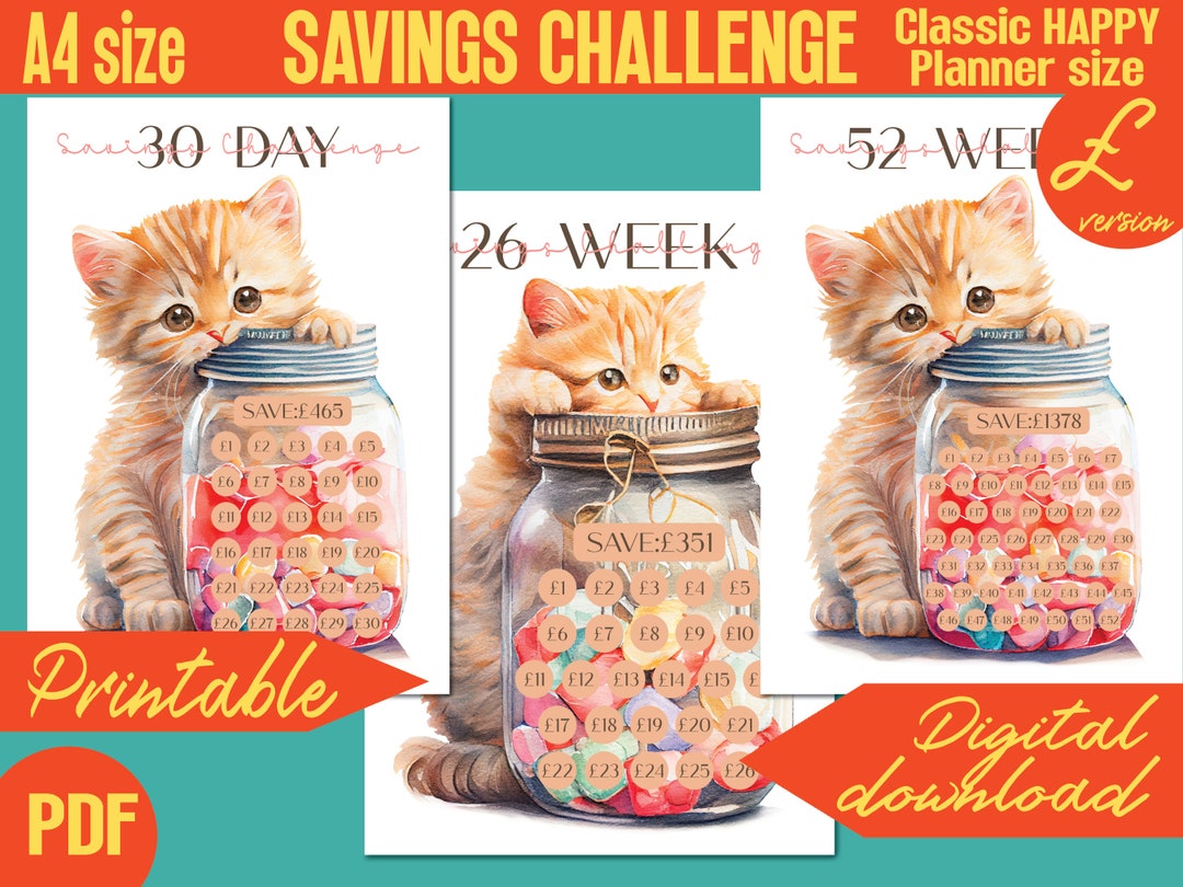 Savings Challenges Cute Kitty Printables 52 Week 100P | A4 Letter Size ...