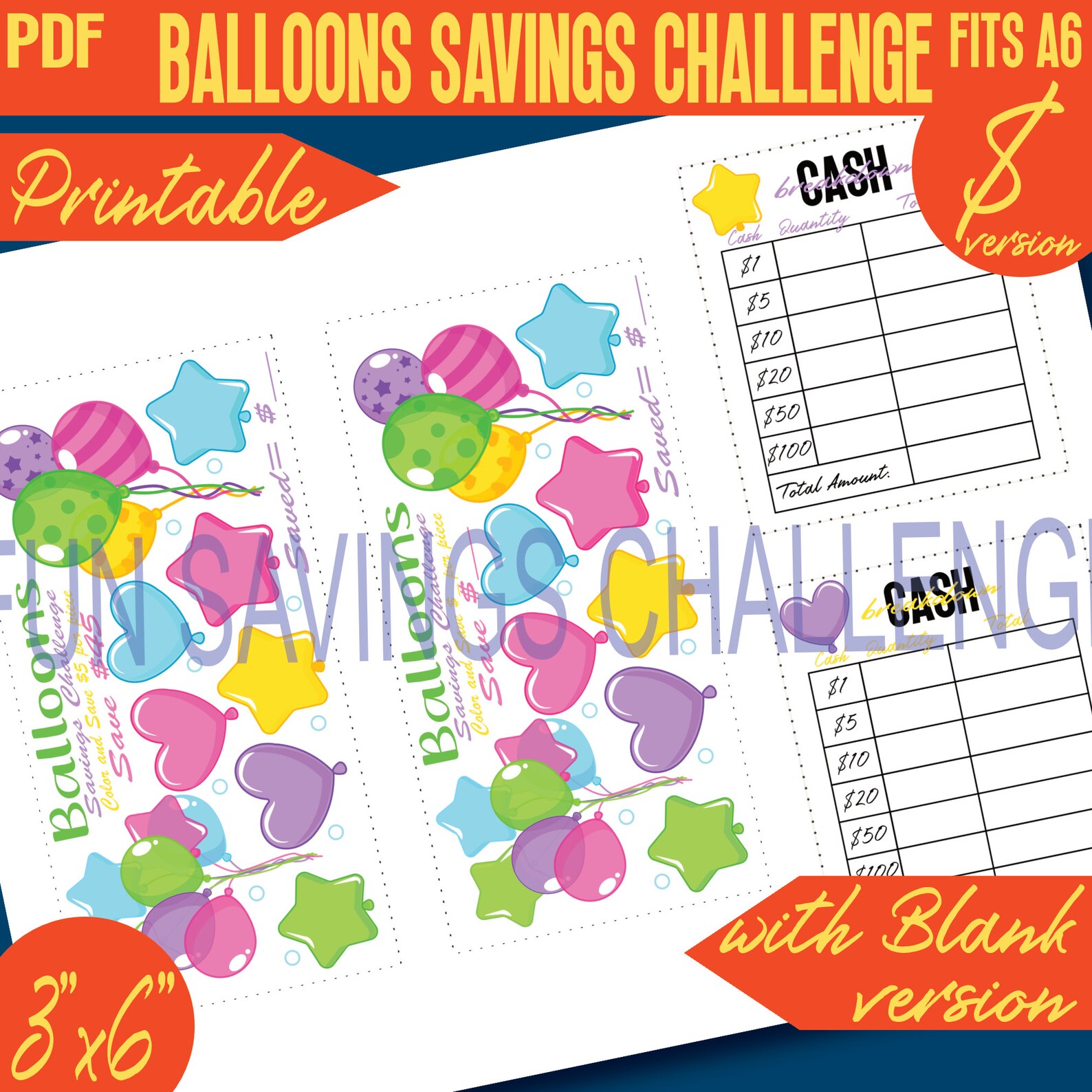 Balloons Savings Challenge Mini Color and Save Printable 100D IV A6 ...