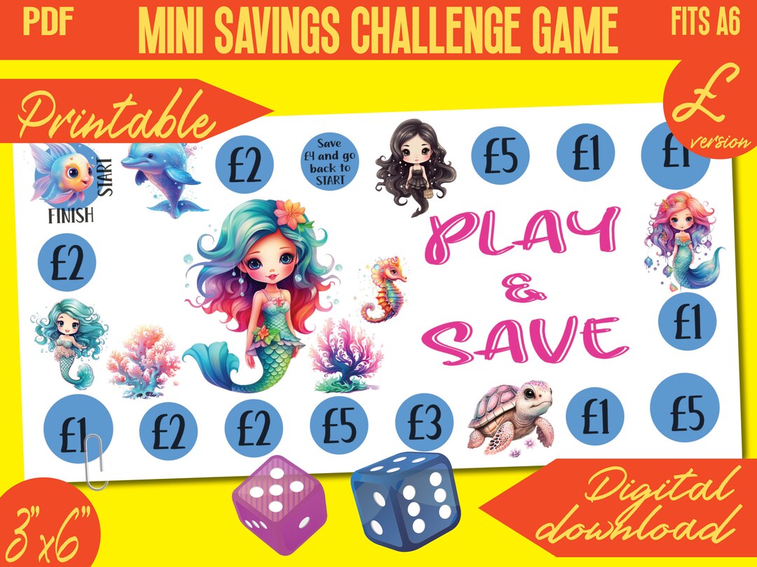 Mini Savings Challenge Game Cute Mermaid Printable 100P Envelope, Tracker 3x67,5x15 Cm A6 Size ...