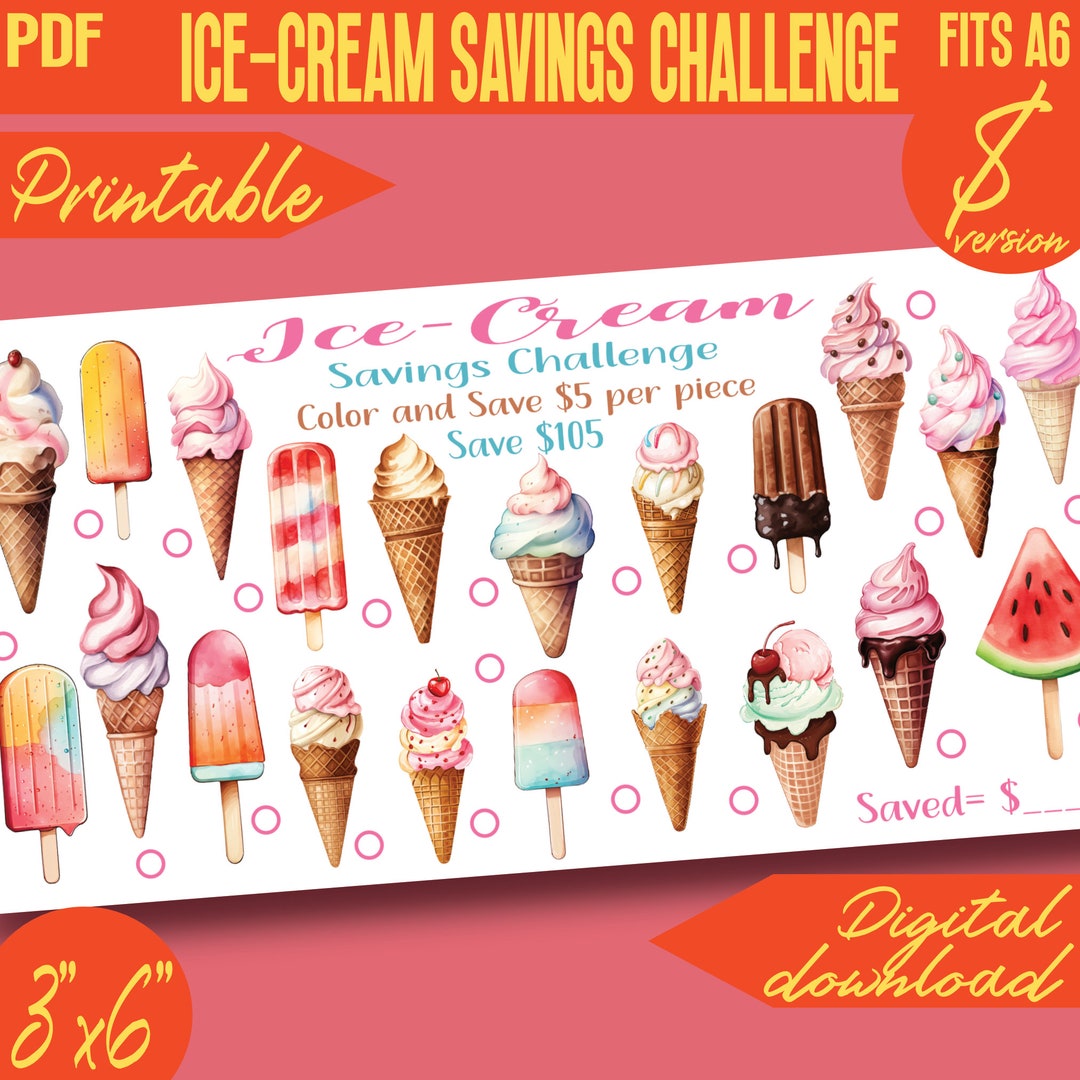 Ice-cream Savings Challenge Mini Color and Save Printable 100D II | A6 ...