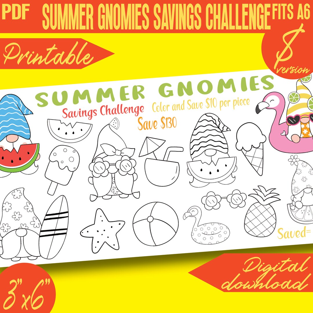 Summer Gnomies Savings Challenge Mini Color and Save Printable 100D II | A6 Size | Envelope ...