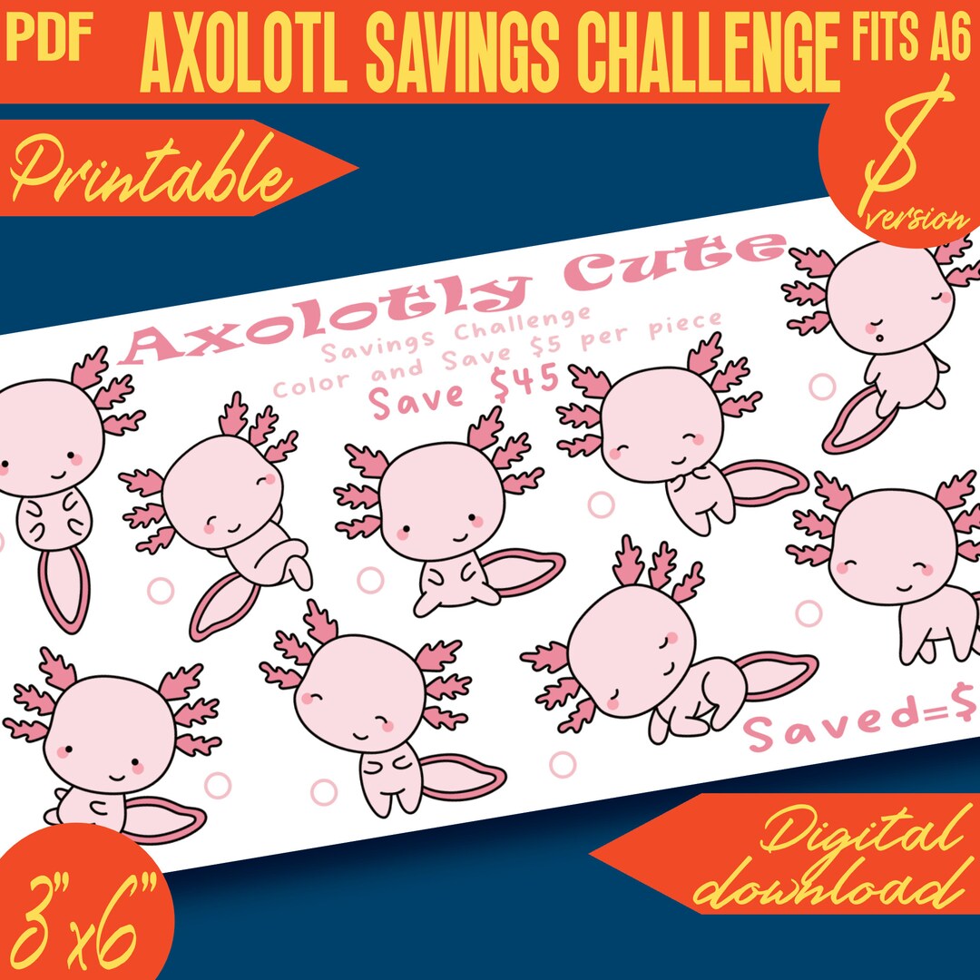 Axolotl Savings Challenge Mini Color and Save Printable 100D III | A6 ...