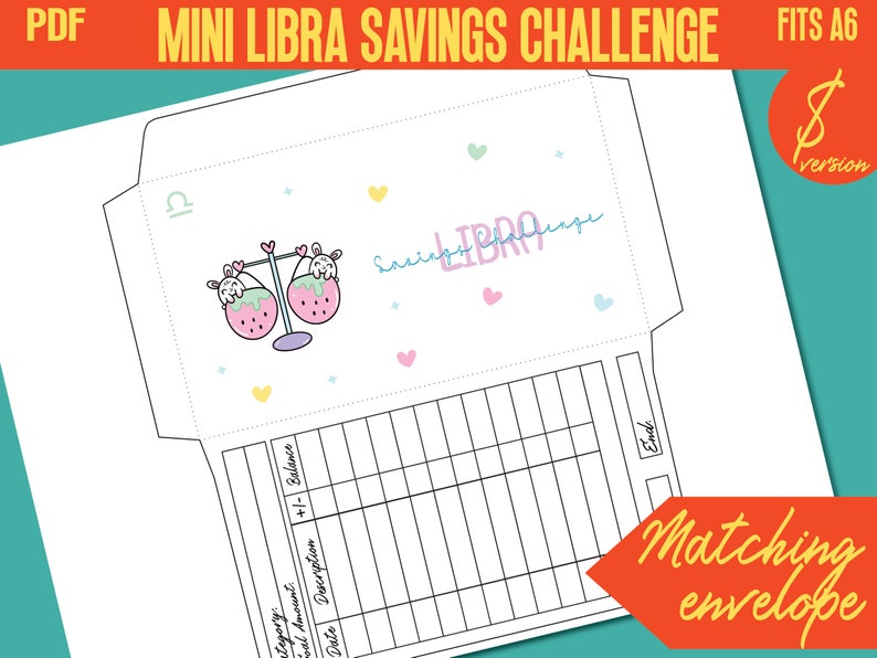 Cute Libra Zodiac Savings Challenges Color and Save Printables 100D A6 Size Envelope Tracker PDF ...