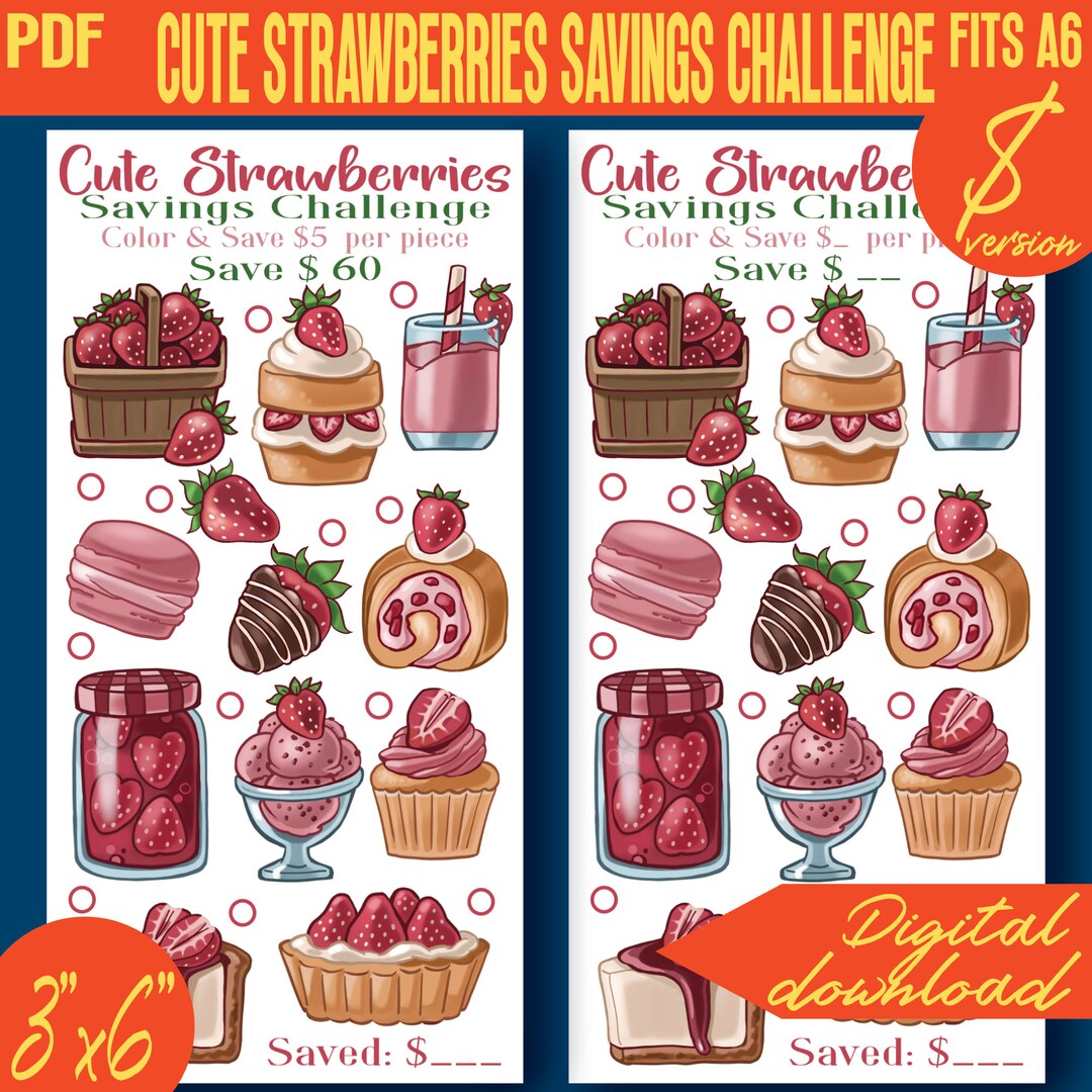 Cute Strawberries Savings Challenge Mini Color and Save Printable 100D ...
