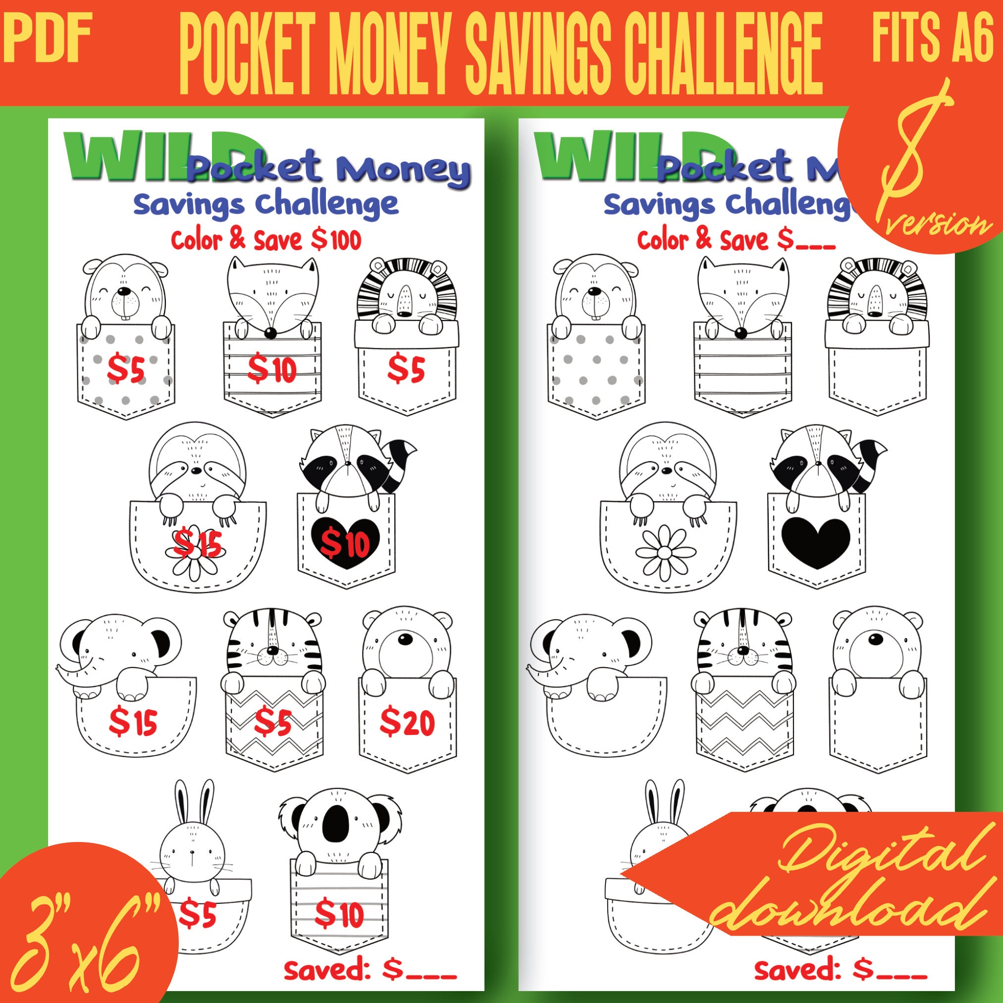 Pocket Money Savings Challenge Wild and Cute Color and Save Printable ...