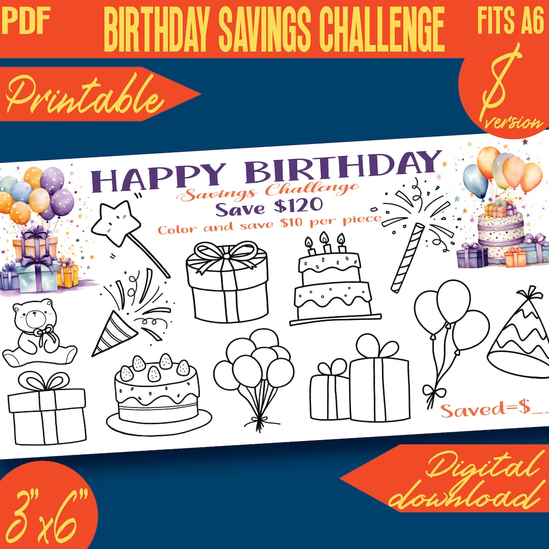 Birthday Savings Challenge Color and Save Mini Printable 100D II | A6 ...