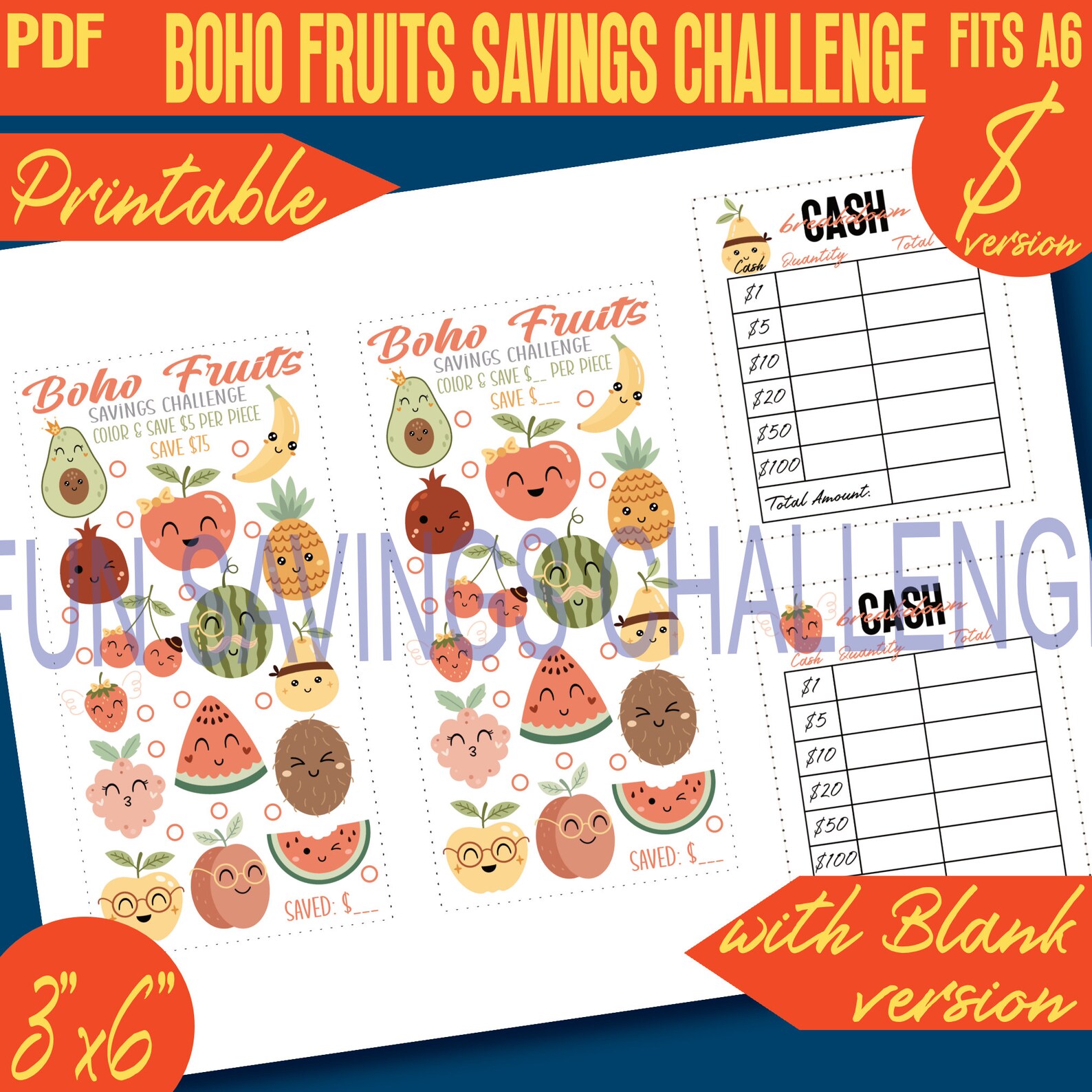 Boho Fruits Savings Challenge Mini Color and Save Printable 100D IV ...