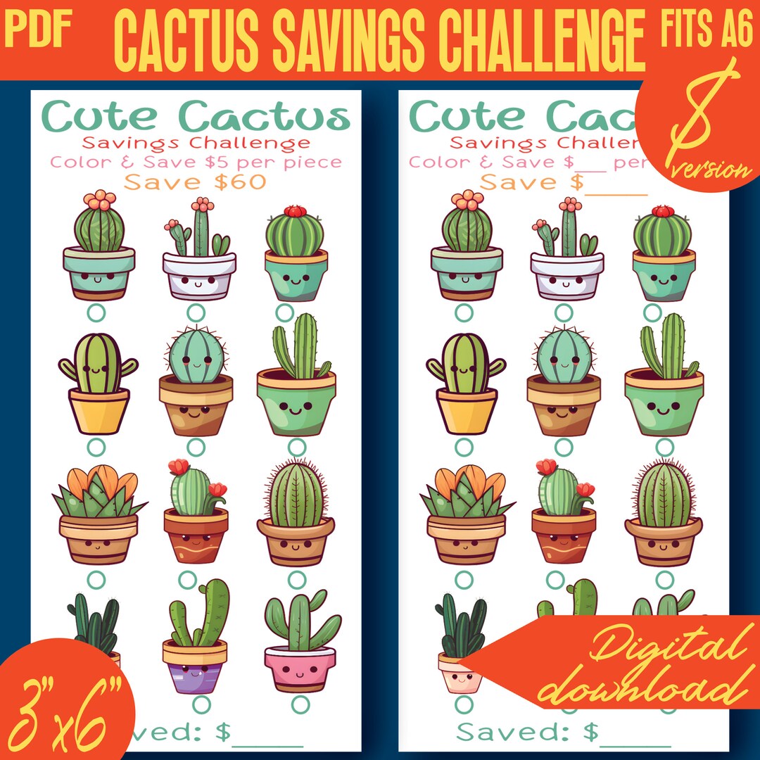 Cute Cactus Savings Challenge Mini Color and Save Printable 100D III ...