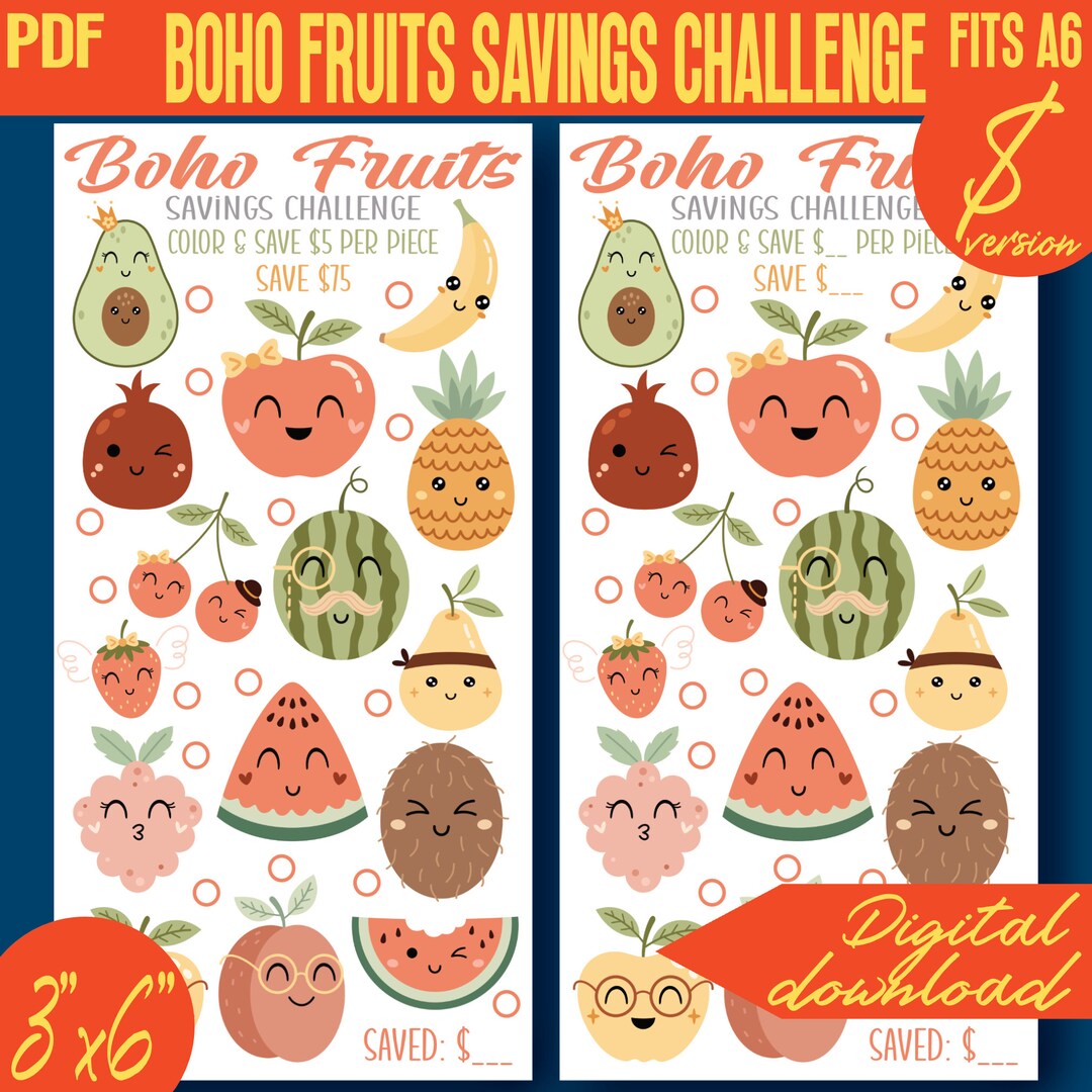 Boho Fruits Savings Challenge Mini Color and Save Printable 100D IV ...