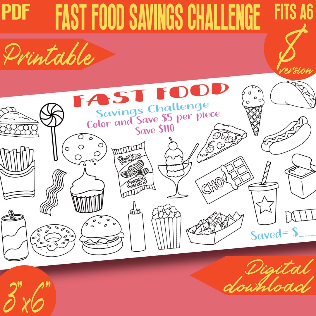 Fast Food Savings Challenge Mini Color and Save Printable 100D II | A6 ...