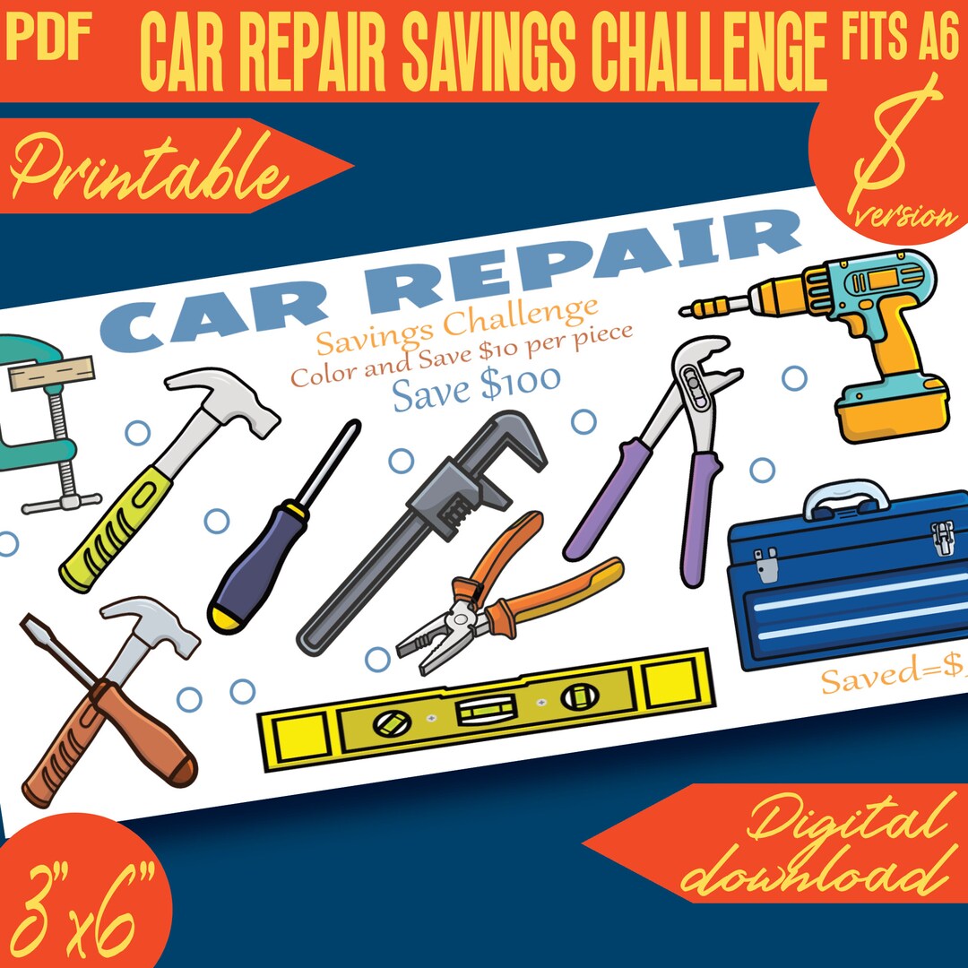 Car Repair Savings Challenge Mini Color and Save Printable 100D III ...
