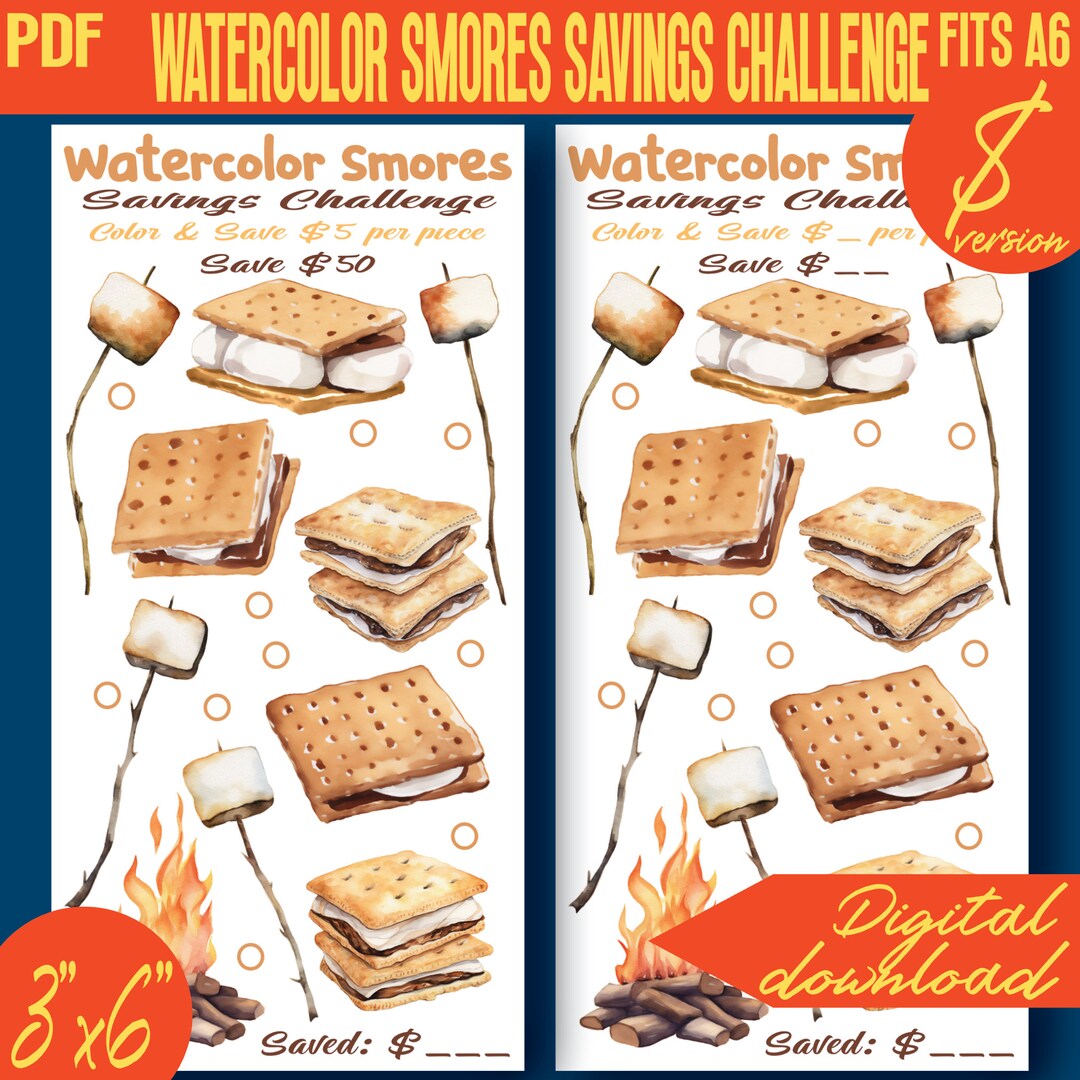 Watercolor Smores Savings Challenge Mini Color and Save Printable 100D ...