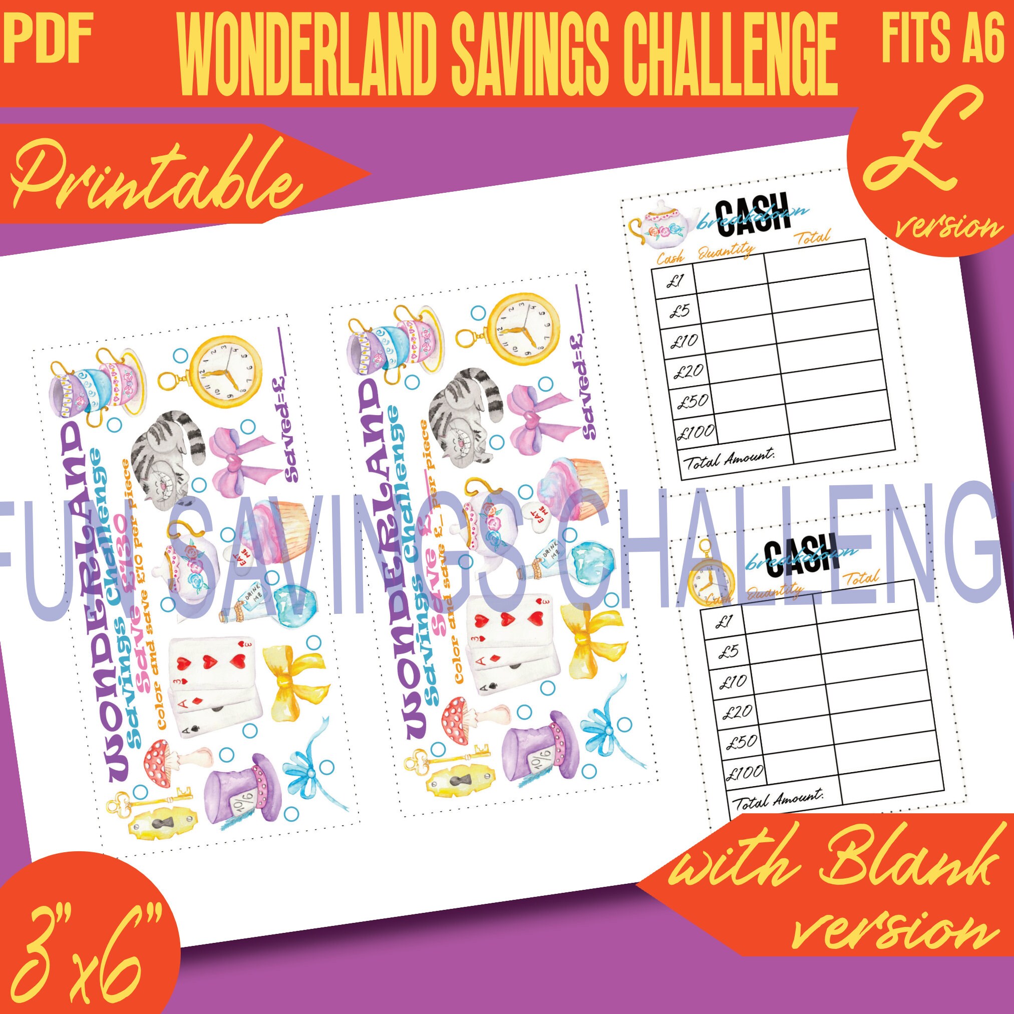 Wonderland Savings Challenge Color and Save Mini Printable 100P II A6 7,5x15 Cm Envelope Tracker ...