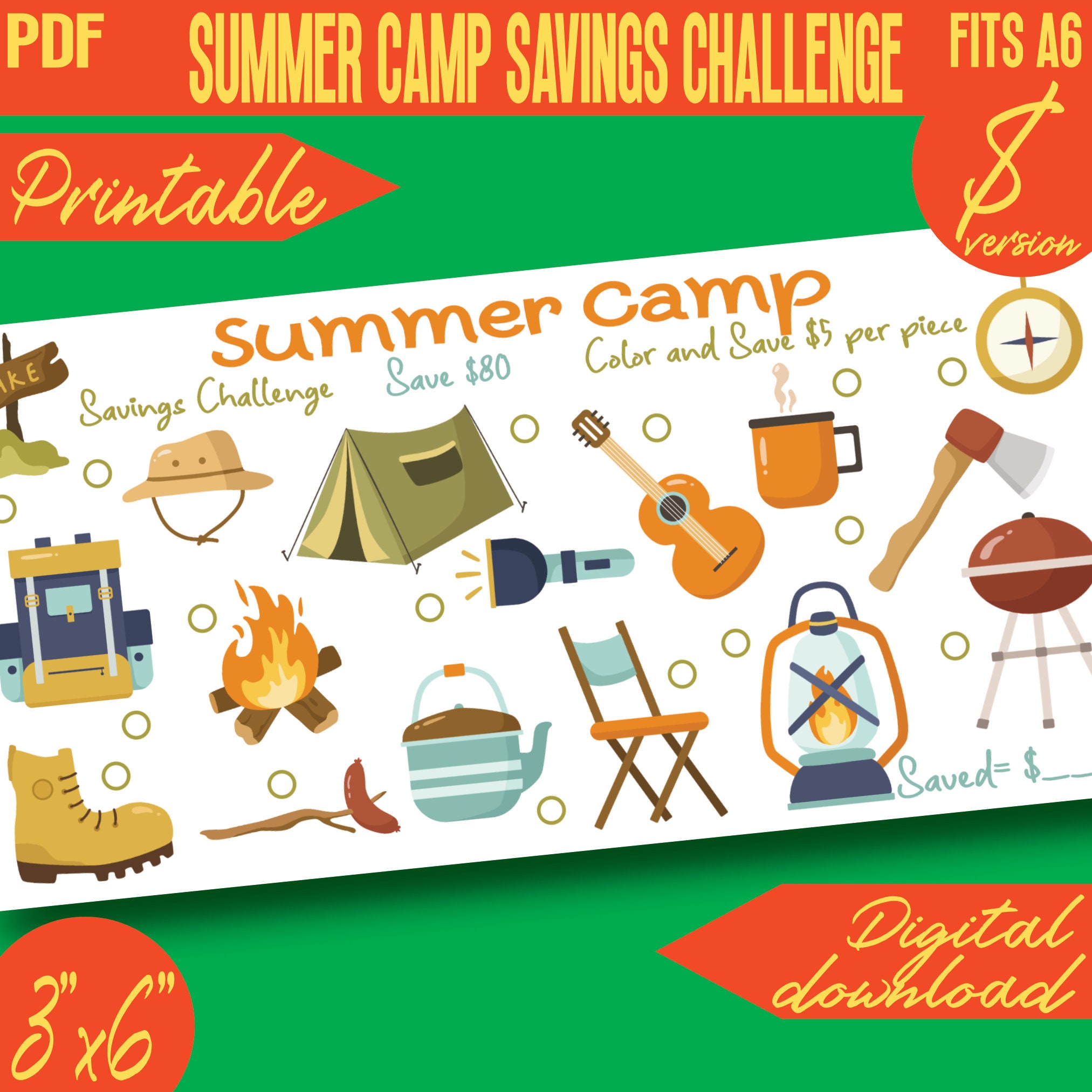 Summer Camp Savings Challenge Mini Color and Save Printable 100D II ...