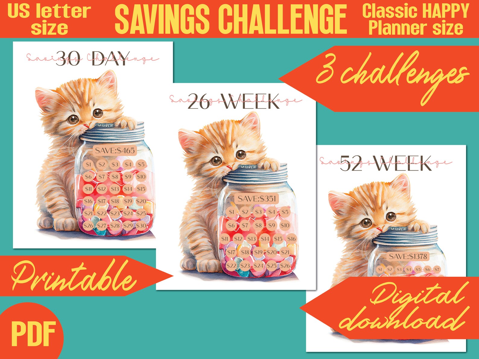 Savings Challenges Cute Kittens Printables 30 Day 100D | US Letter Size ...