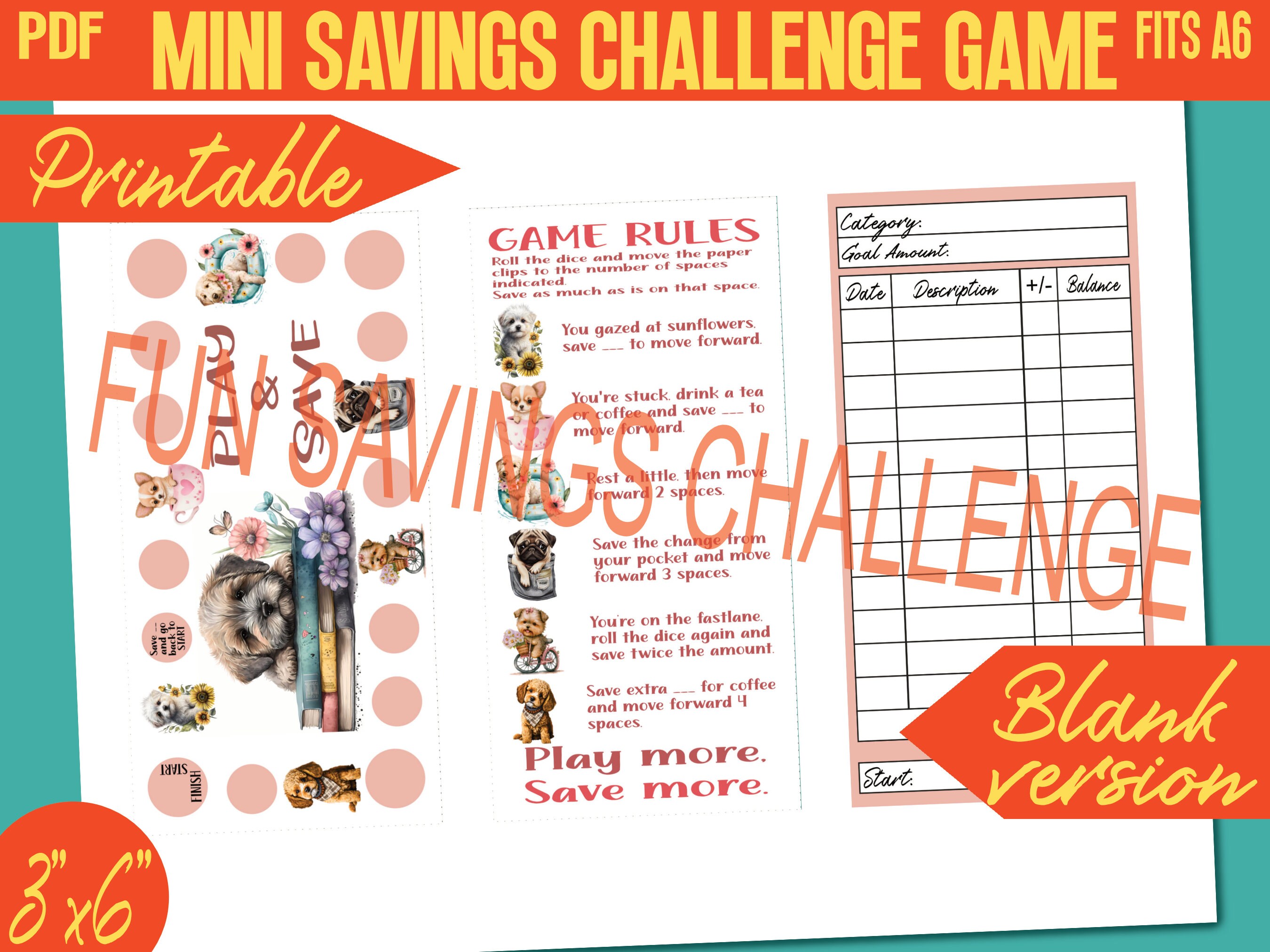 Savings Challenge Game Cute Puppy Dog Printable 100D Envelope, Tracker ...