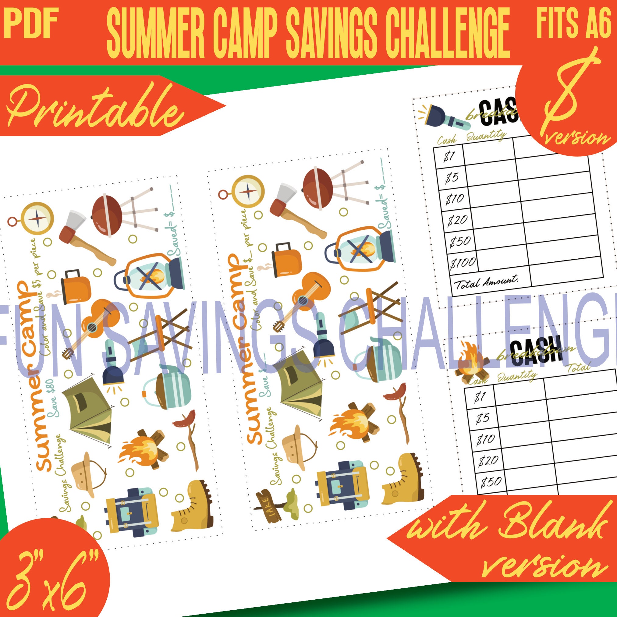 Summer Camp Savings Challenge Mini Color and Save Printable 100D II ...
