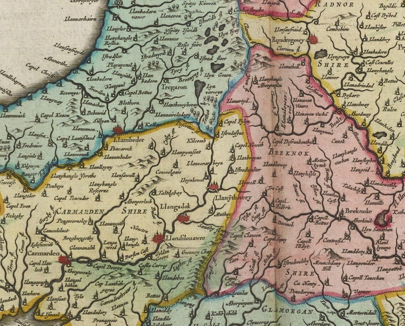 Rare Old Map of Wales, Cymru by Joan Blaeu 1645 - Ancient Country Wall ...