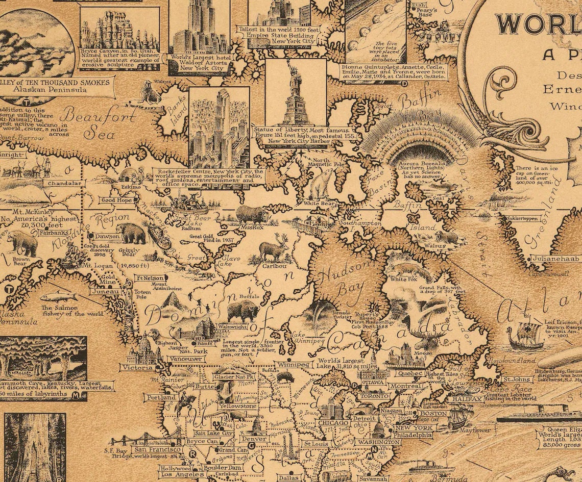1939 World Wonders Map - World Map Poster Print - Vintage Pictorial Map ...
