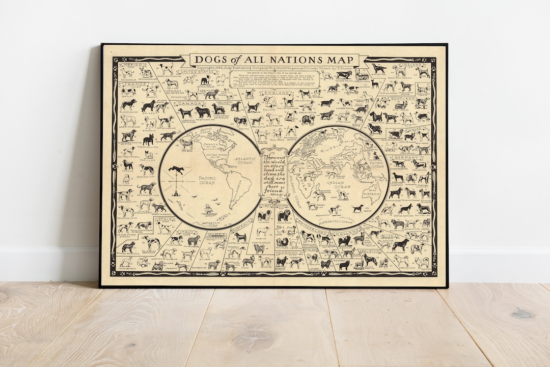 Old Dog Map, 1936 - World Atlas Chart of Breeds - Terrier, Bulldog, Pug ...