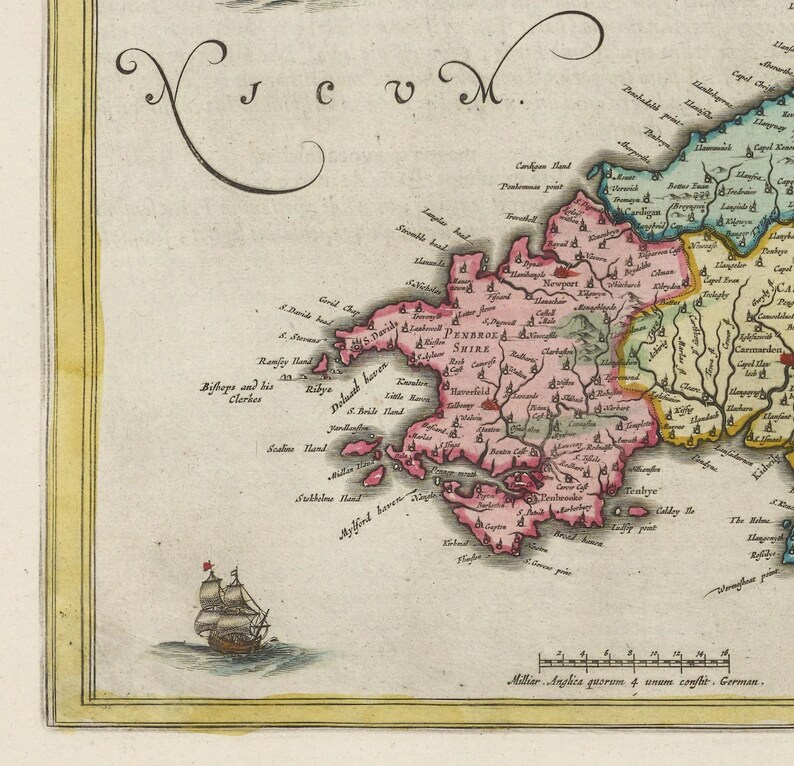 Rare Old Map of Wales, Cymru by Joan Blaeu 1645 Ancient Country Wall ...