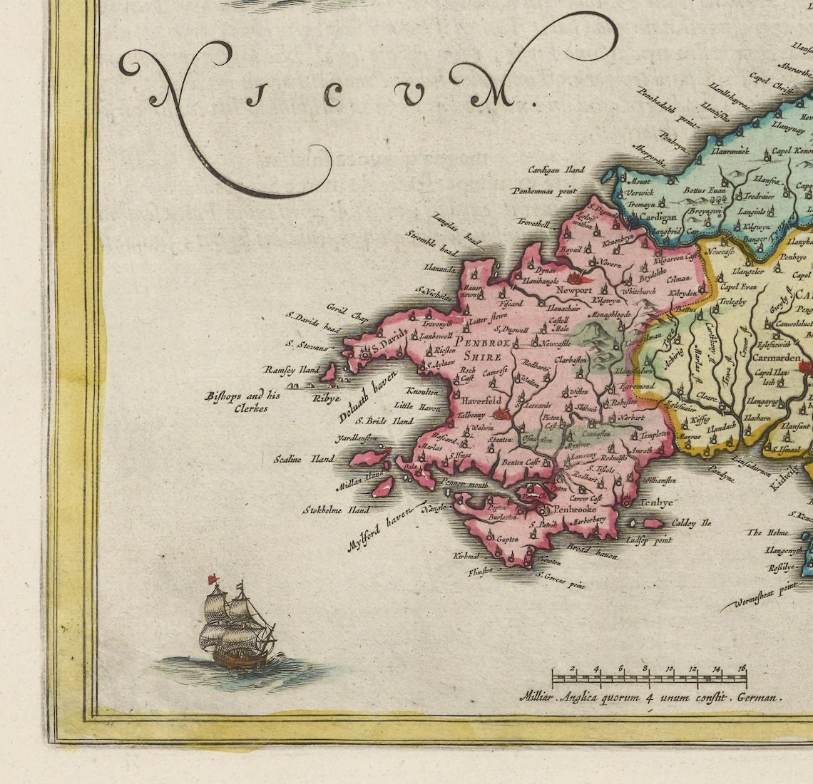 Rare Old Map of Wales, Cymru by Joan Blaeu 1645 Ancient Country Wall ...