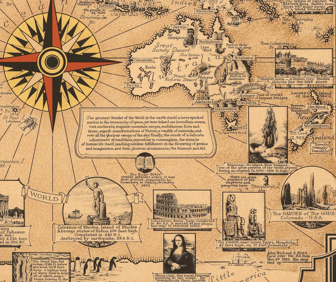 1939 World Wonders Map - World Map Poster Print - Vintage Pictorial Map ...