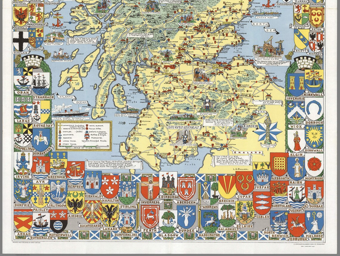 Vintage Scotland Map, Clans of Scotland, Coats of Arms, Historic ...