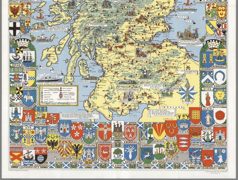 Vintage Scotland Map, Clans of Scotland, Coats of Arms, Historic ...