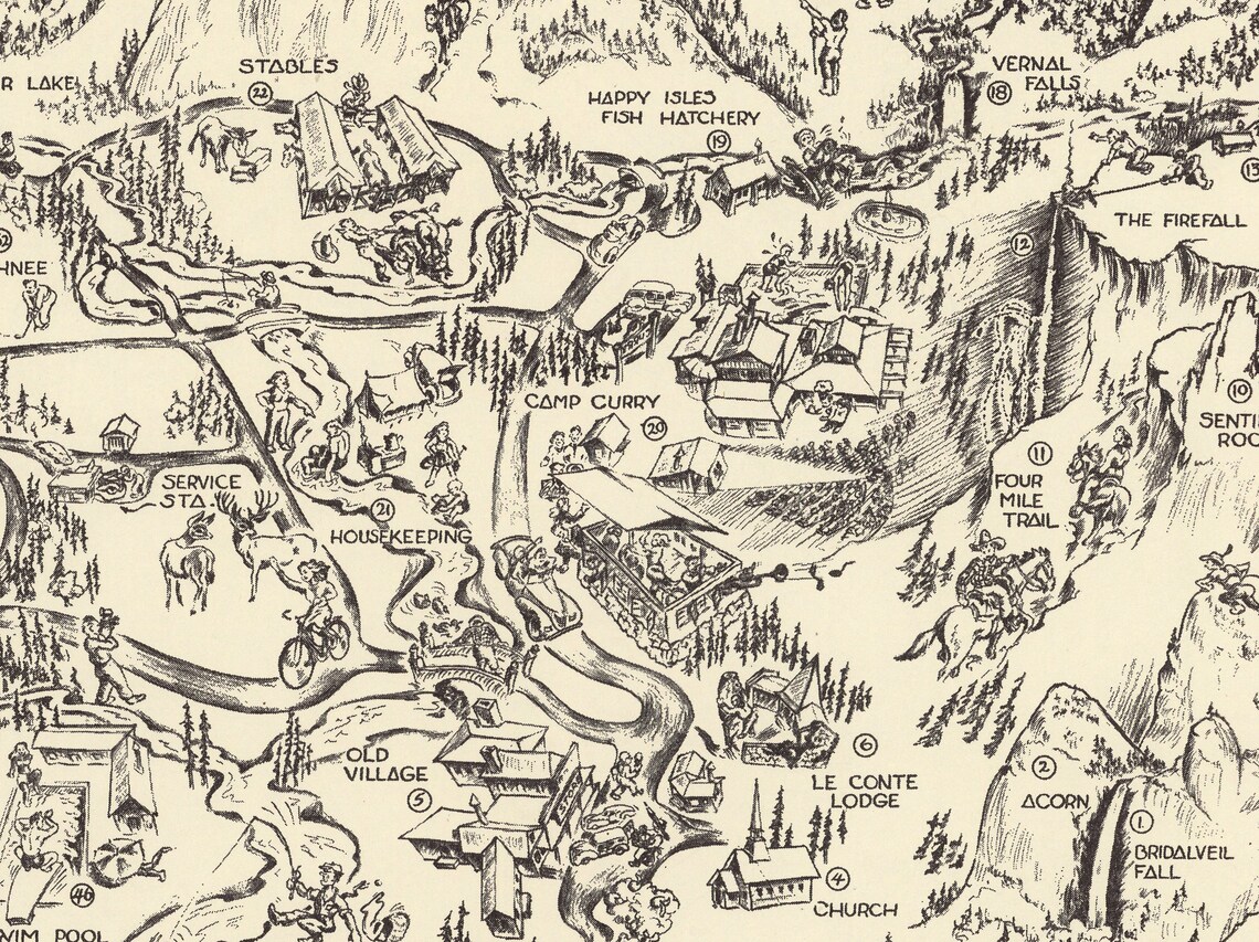 Vintage Map of Yosemite, Yosemite Pictorial Map, Vintage Map Print, Old ...