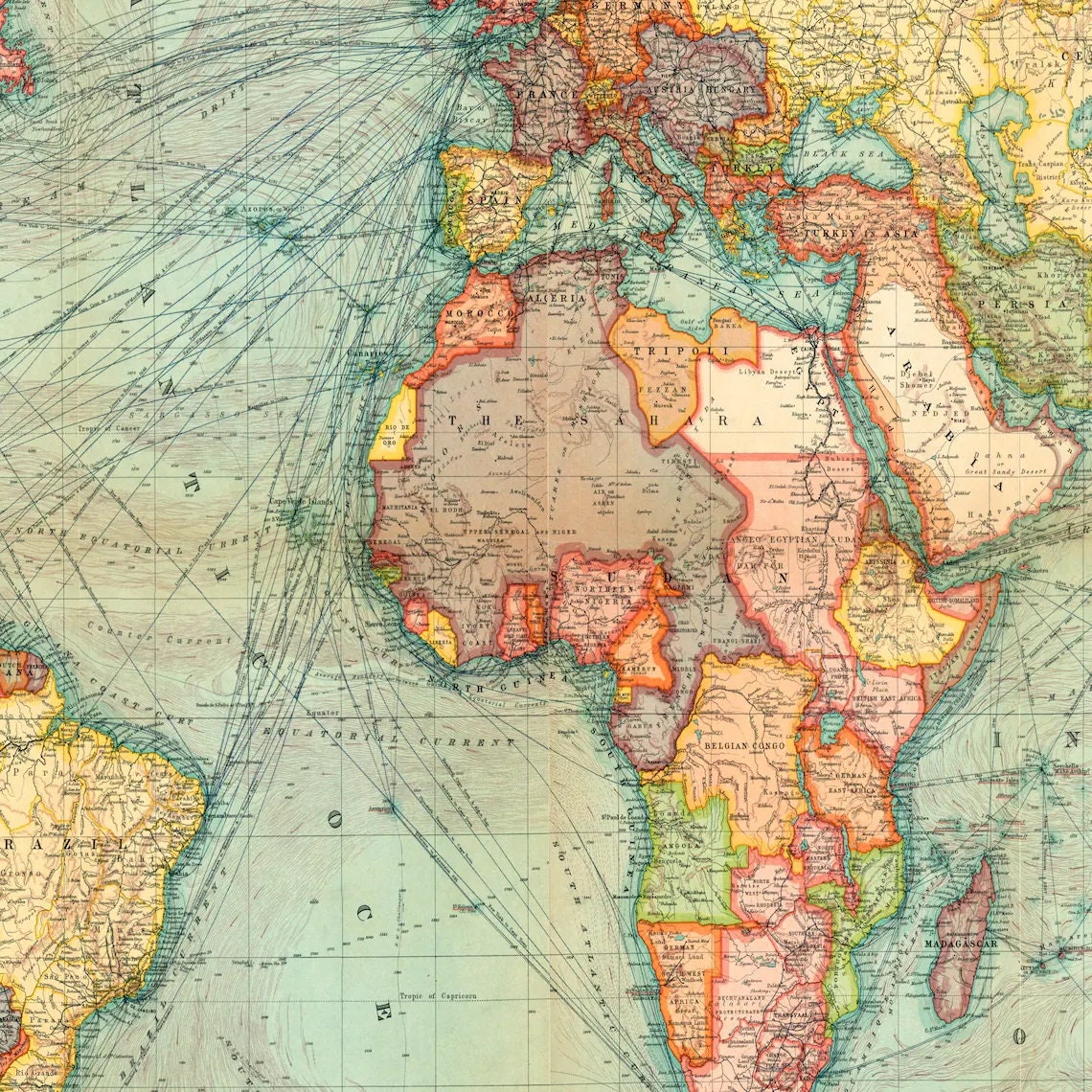 Rare Old World Map Vintage Atlas 1914 Mercator Projection by John ...
